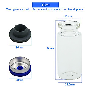 10 ml Clear Glass Vials, 110 Pcs Glass Headspace Vial with Plastic Aluminum Flip Caps and Rubber Stoppers 20mm Transparent Flat Bottom Lab Sample Vial
