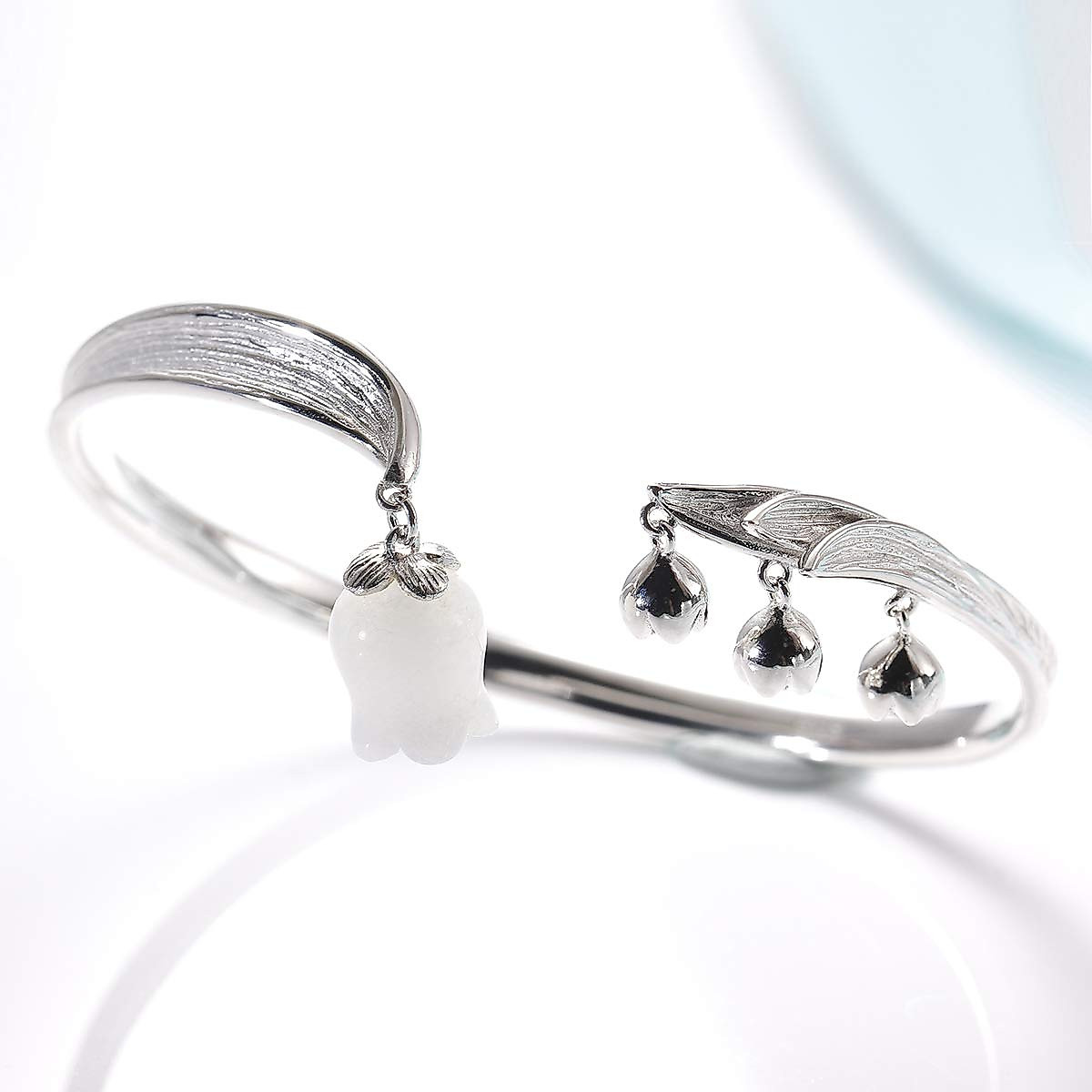 Jewever Lily of the Valley 925 silver bracelet with original romantic natural white jade flower adjustable ladies' jewelry gift