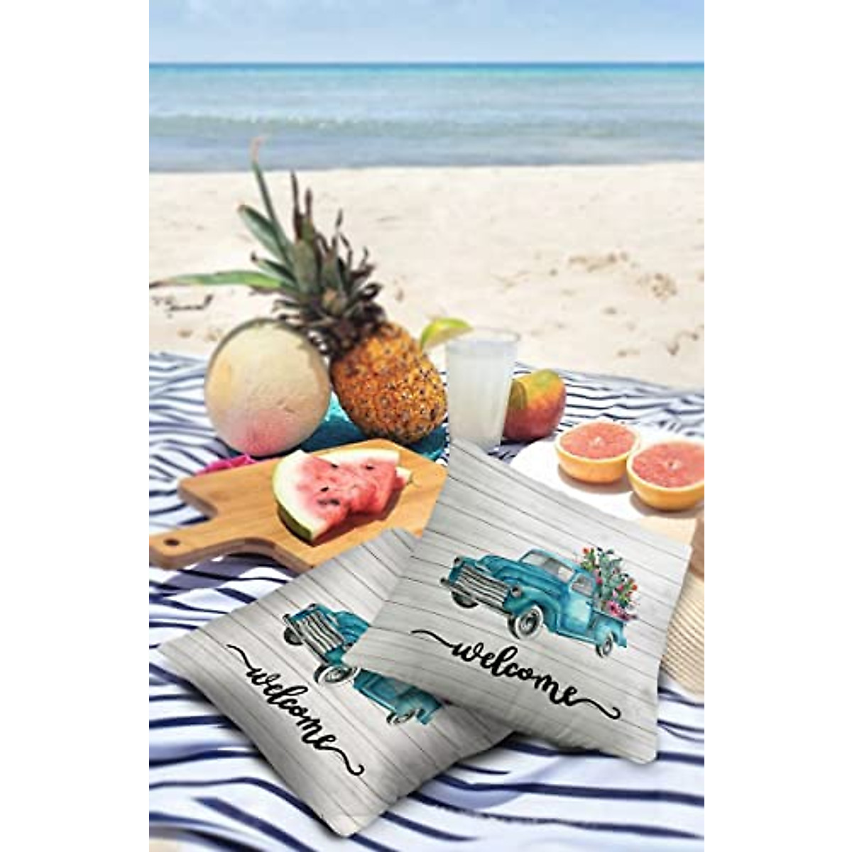 Outdoor Waterproof Pillow Covers for Patio Furniture Cactus with Blue Truck Decorative Throw Pillow Cover Tropical Plants Wood Grain Pillowcases Set of 2 Cushion Case for Sofa Couch Chair 18 x 18 in