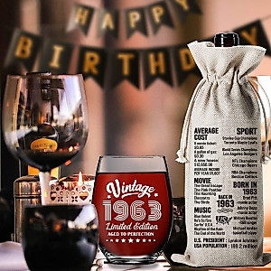 60th Birthday Gifts for Women Men -60 Year Old Birthday Decoration Gift - 60th Anniversary Party Supplies -15 Oz 1 Stemless Wine Glass And 1 Wine Bag