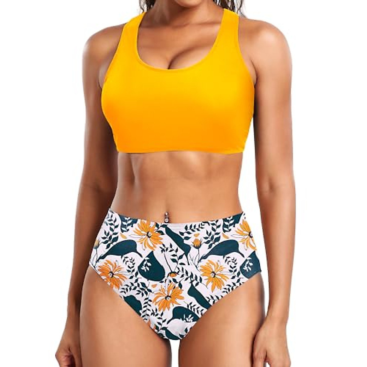 Holipick Women High Waisted Two Piece Bikini Sports Crop Top Swimsuit Scoop Neck Bathing Suit for Teen Girls with Bottom Yellow Floral