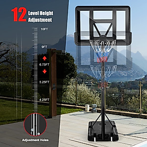 GYMAX Basketball Hoop Outdoor, 4.25 Ft to 10Ft Adjustable Basketball Goal with 44’’ Backboard & 18’’ Basket, All Weather Portable Basketball Stand w/Wheels, for Kids Youth Adult, Indoor Gym, Driveway