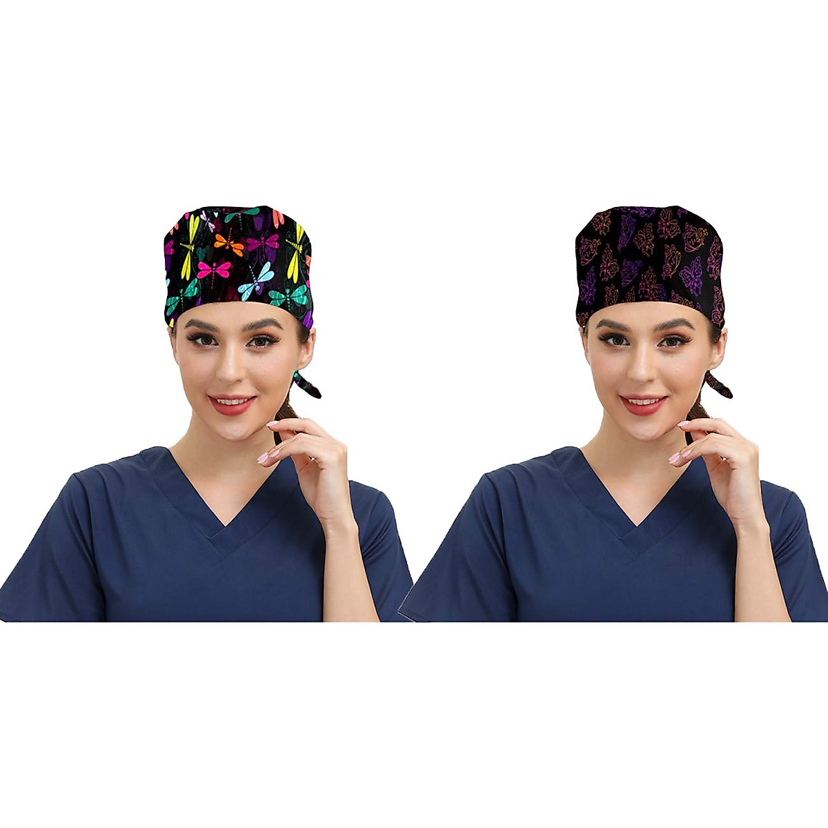 ZDZDY 2Pcs Fashion Working Caps with Buttons Adjustable Sweatband Tie Back Working Hats for Women Men(Dragonfly-Butterfly)