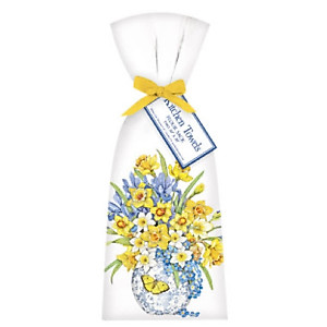 Mary Lake Thompson T774 2 Daffodil Vase Ribbon Tied Flour Sack Towels 30 Inches Square, Screen Print Design in Lower Center Only
