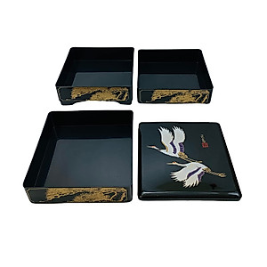 JapanBargain 4119, Jubako Box Japanese Traditional 3 Tiers Stack Box Food Candy Snack Container Bento Box Made in Japan, Plastic Lacquered, Black Crane