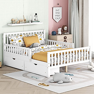 Full Bed Frame with Storage Drawers and Fence Rails, Wood Platform Beds with Headboard and Slat Support for Kids Boys Girls Teens, No Box Spring Needed, Full Size, White