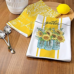 GEEORY Kitchen Towels for Summer Decor Sunflowers Mason Jar Dish Towels 18x26 Inch Ultra Absorbent Bar Drying Cloth Hand Towel for Kitchen Bathroom Party Home Decorations Set of 2