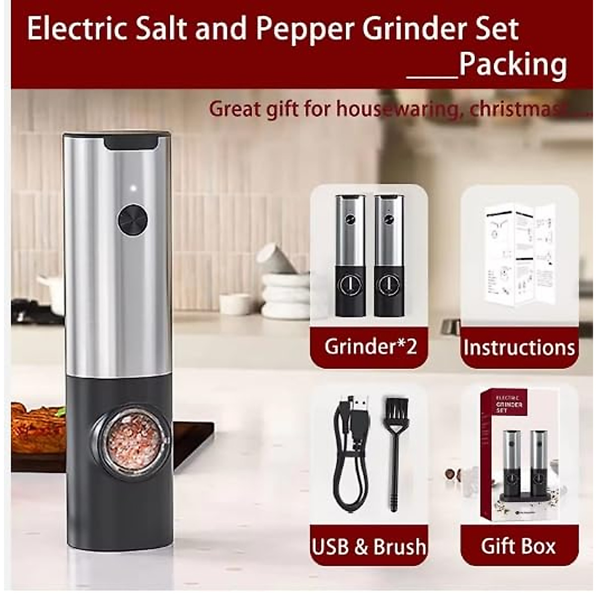 Electric Salt and Pepper Grinder Set, 2 Pepper Mills, Rechargeable With Dual Charging Base, Built-in Battery, Easy One Handed Operation, Ceramic Grinding Core, Adjustable Coarseness, White LED Light
