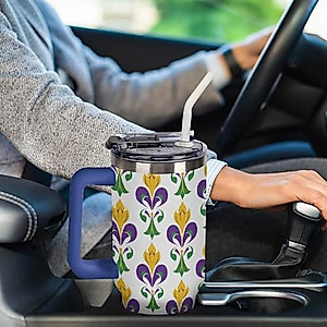 Mardies Grass De Lis 40 Oz Tumbler Insulated Stainless Steel Water Bottle Travel Mug Car Cup with Handle And Straw