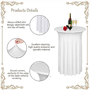 Albassa 4 Pack Cocktail Table Covers 32"x 43" Spandex Stretch Round Cocktail Tablecloths with Wavy Drapes Fitted High Top Bar Table Skirt for Wedding Party Banquet (White, 4 PCS)