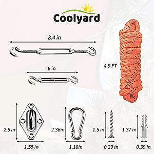 Coolyard 82 Pcs Sun Sail Shade Hardware Kit,Shade Sail Installation Kit 6 inch with Paracord Ropes for Triangle Rectangle Square Sun Shade Sails
