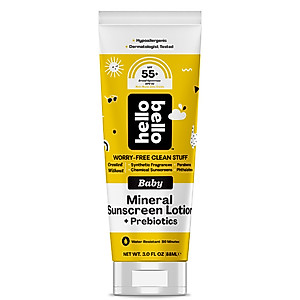 Hello Bello Mineral SPF 55+ Sunscreen Lotion with Prebiotics I Water Resistant and Reef Friendly Sun Protection for Babies and Kids I 3 fl oz (Pack of 1)
