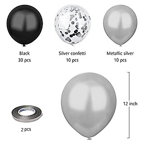Black and Silver Confetti Balloons, 50pcs 12-inch Black Balloons、Silver Balloons and Silver Confetti Birthday Balloons for Birthday Party Graduation Ceremony and Bachelor Party Decoration.