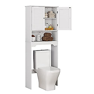 HOMEFORT Bathroom Cabinet, Louvre Étagere Over The Toilet Storage Cabinet, Freestanding Bathroom Spacesaver, Above Toilet Bathroom Shelf Organizer with Double Wood Doors and Adjustable Shelf(White)