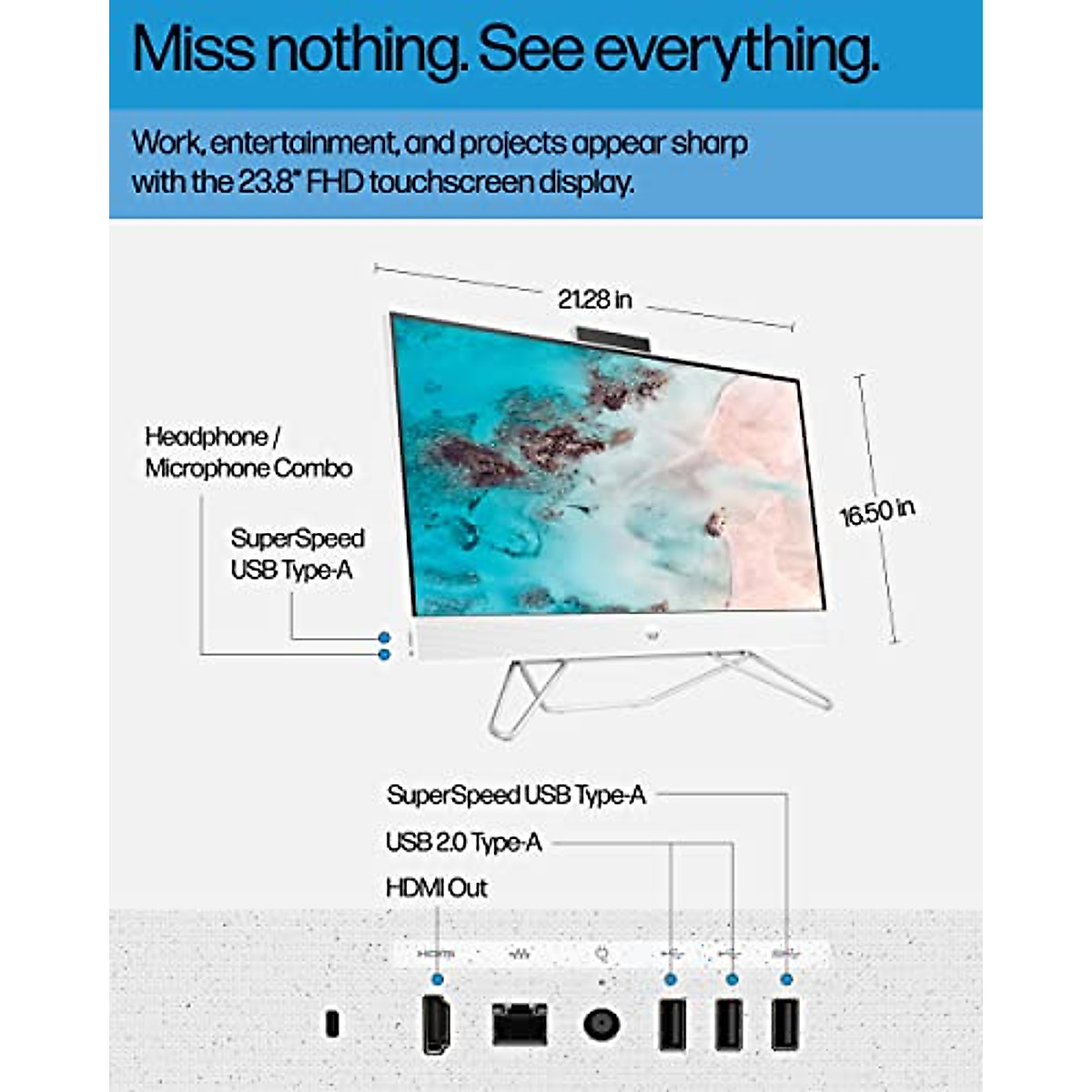 HP All-in-One PC, 23.8" FHD Micro-Edge Touchscreen Display, AMD Ryzen 5 Processor, AMD Radeon Graphics, 12 GB RAM, 512 GB SSD, Windows 11 Home OS, Wi-Fi (24-cb1142, 2022)