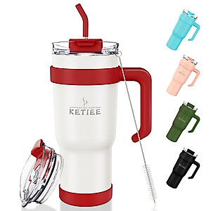 KETIEE 40 oz Tumbler with Handle and Straw, Leakproof Stainless Steel Travel Mug with Screwed Lid & Straw Vacuum Insulated Water Bottle Reusable Coffee Cups, Sweat Proof, Dishwasher Safe (White)