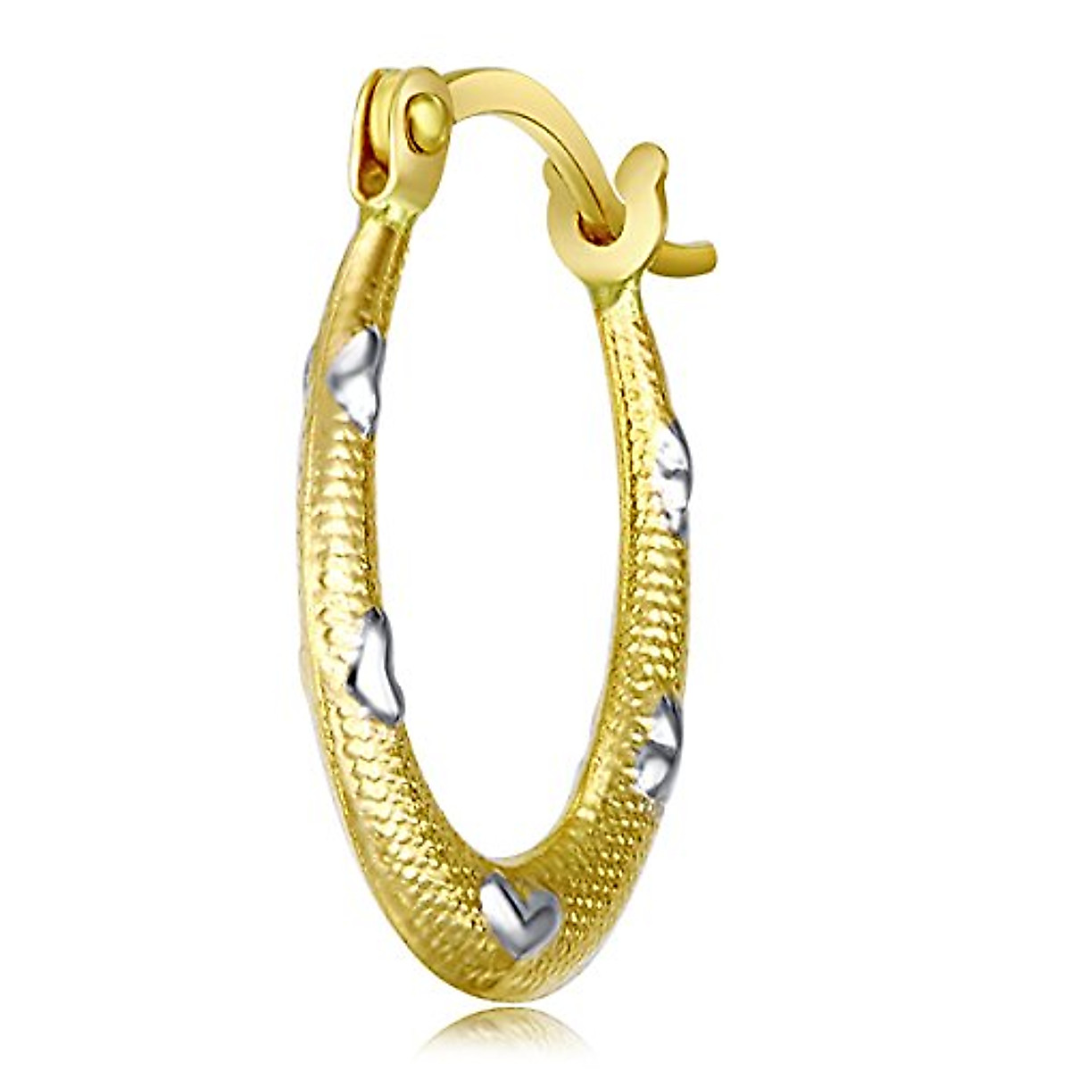 Wellingsale Ladies 14k Two Tone White and Yellow Gold Polished Heart Pattern Oval Hoop Earrings (12 x 15mm)