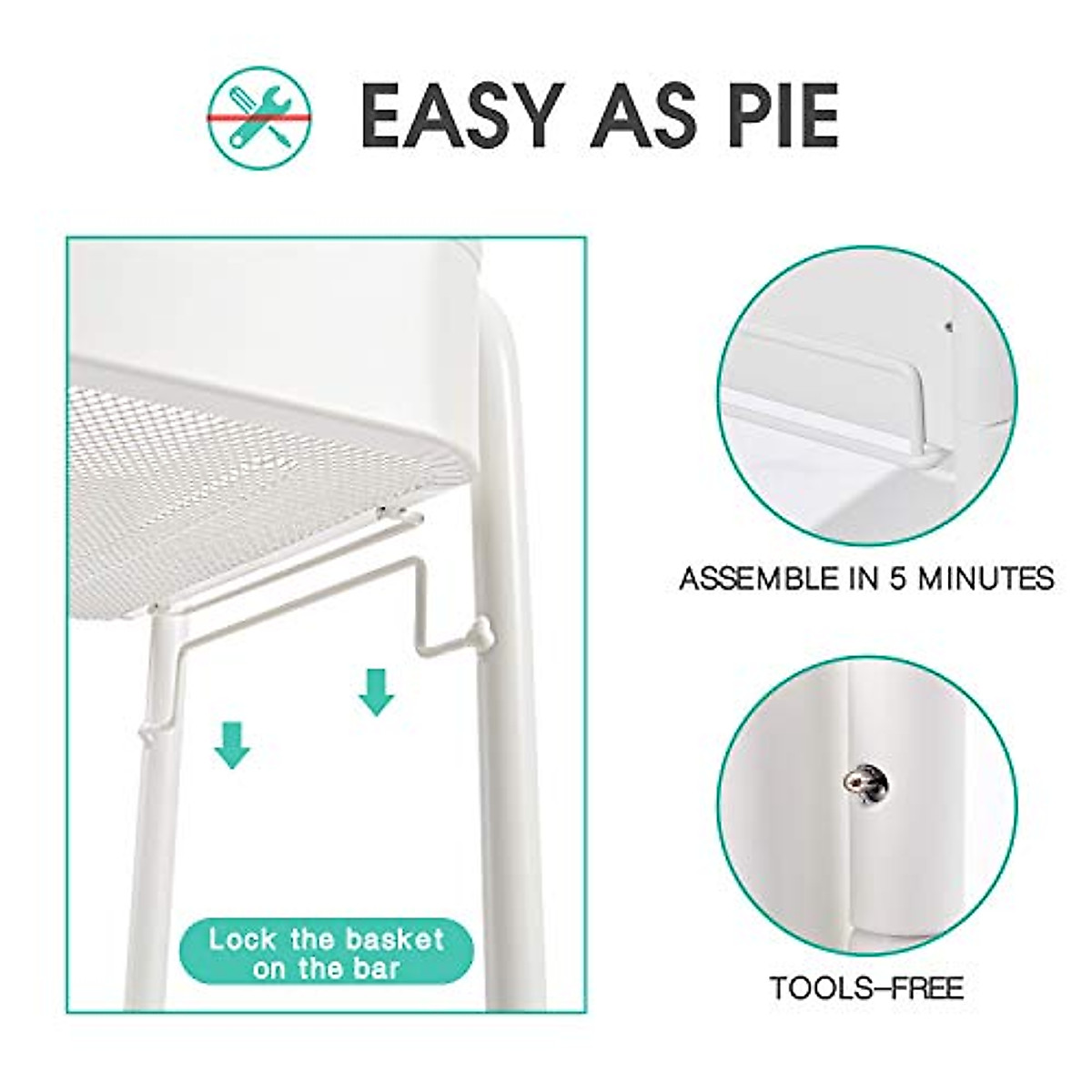 TOOLF 3-Tier Rolling Cart, Metal Utility Cart with Lockable Wheels, Storage Craft Art Cart Trolley Organizer Serving Cart Easy Assembly for Office, Bathroom, Kitchen, Kids' Room, Classroom (White)