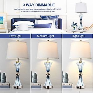 Set of 2 Blue Glass Table Lamps for Bedrooms with 2 USB ports 3-Way Dimmable Touch Coastal Bedside Lamps for Contemporary Style Modern Nightstand Lamps with 2 LED Bulbs for Home Lighting Decoration