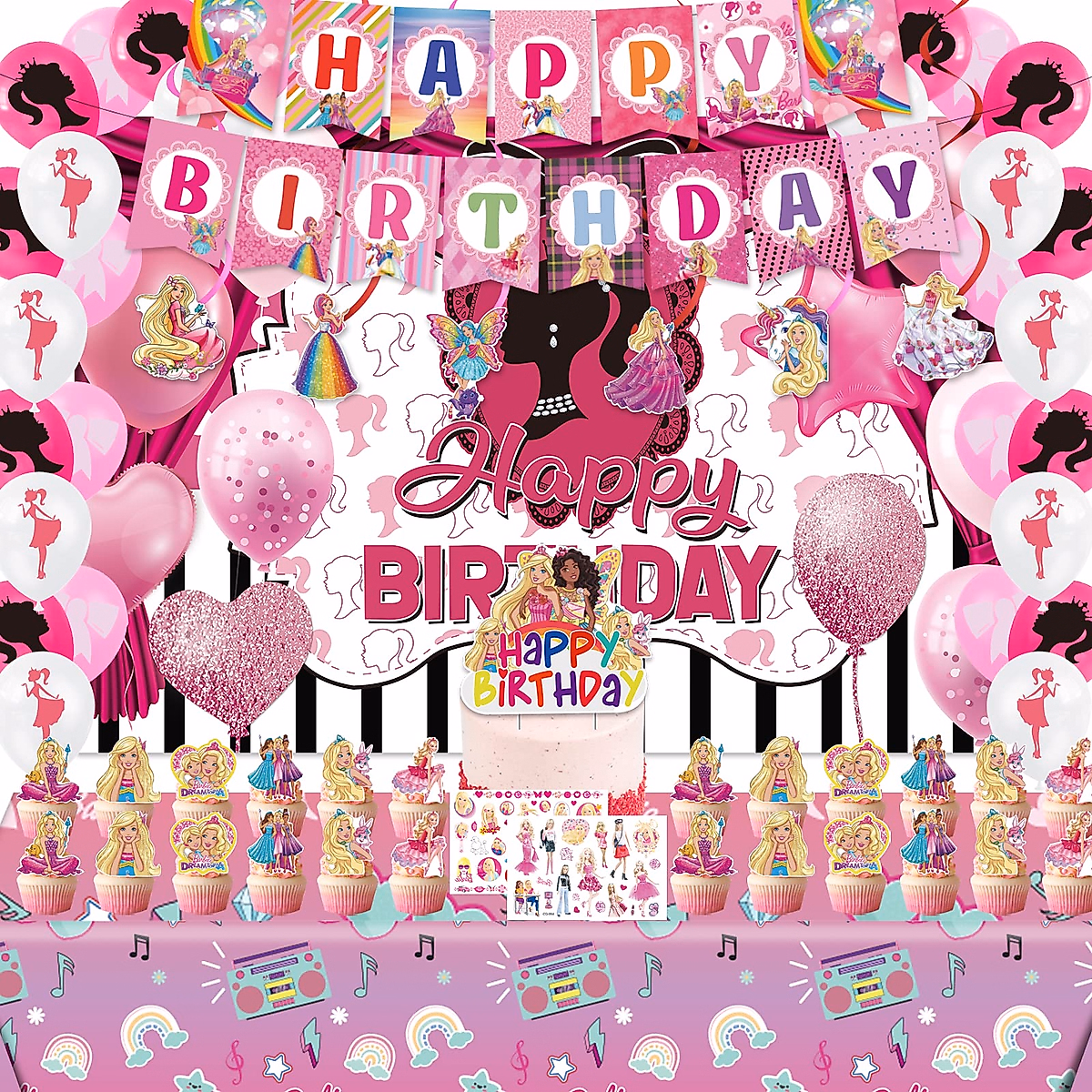 Pink Birthday Party Supplies, 60 Pcs Barbii Birthday Party Decorations Include Banners, Cake Topper,Cupcake Topper,Latex Balloon,Backdrop, Tablewares, Temporary Tattoo Stickers for Girls