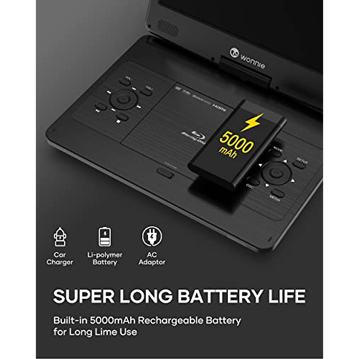 WONNIE 16.9" Portable Blu ray DVD Player with 14.1" 1080P HD Swivel Screen, 4-Hour Rechargeable Battery, Supports HDMI Output, Dolby Audio, Last Memory, Region Free, USB/SD Card, AV in