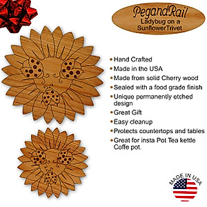 Ladybugs on a Sunflower Trivet - Hand Crafted in The USA From Solid Cherry Hardwood (6" Diameter Ladybug Trivet)