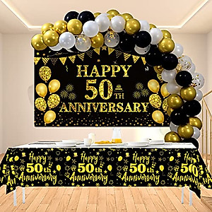 DARUNAXY 50th Wedding Anniversary Decorations, Large Happy 50th Anniversary Banner 70 x 43inch, 50PCS Black Gold Confetti Balloons, 2PCS Tablecloths for Cheer to 50 Year Party Supplies for Men Women