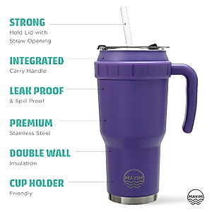 Mayim 40oz Tumbler with Handle, Travel Coffee Mug or Insulated Water Bottle with Straw and Lid, Leak Proof Stainless Steel Double Wall Thermos for Home, Office or Car - Violet