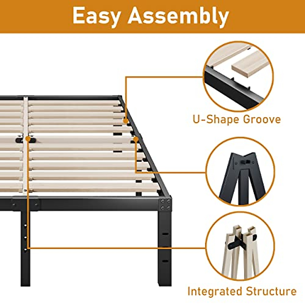 Cleaniago California King Bed Frame, 3" Wide Wood Slats with 3500lbs Support for Mattress, No Sagging, No Slip, No Box Spring Needed, Noise Free, Anti-Slip, Easy Assembly, Black-16 Inch Tall