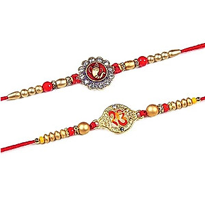 ARTISENIA Set of 2 Rakhi for Brother with Raksha Bandhan Greeting Card | Roli Chawal Tika - Raksha Bandhan Ek Onkar Rakhi for Brother | Rakhi for Bhaiya | Ganesha Rakhi Thread RNJ0025