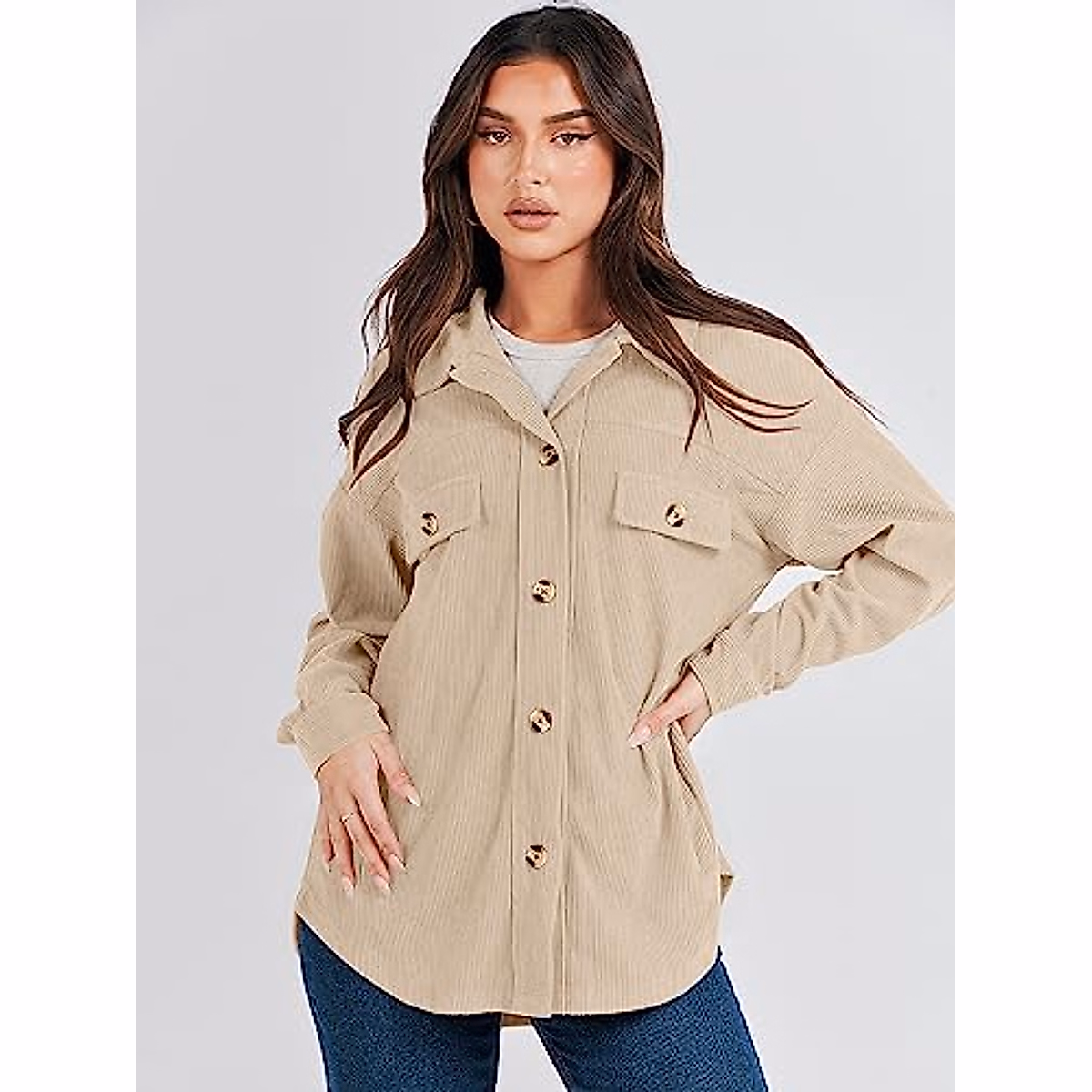 ANRABESS Oversized Jackets for Women Casual Button Down Shirts Corduroy Shacket 2023 Fall Fleece Cardigan Blouse Trendy Coat with Pockets 1027xingse-L