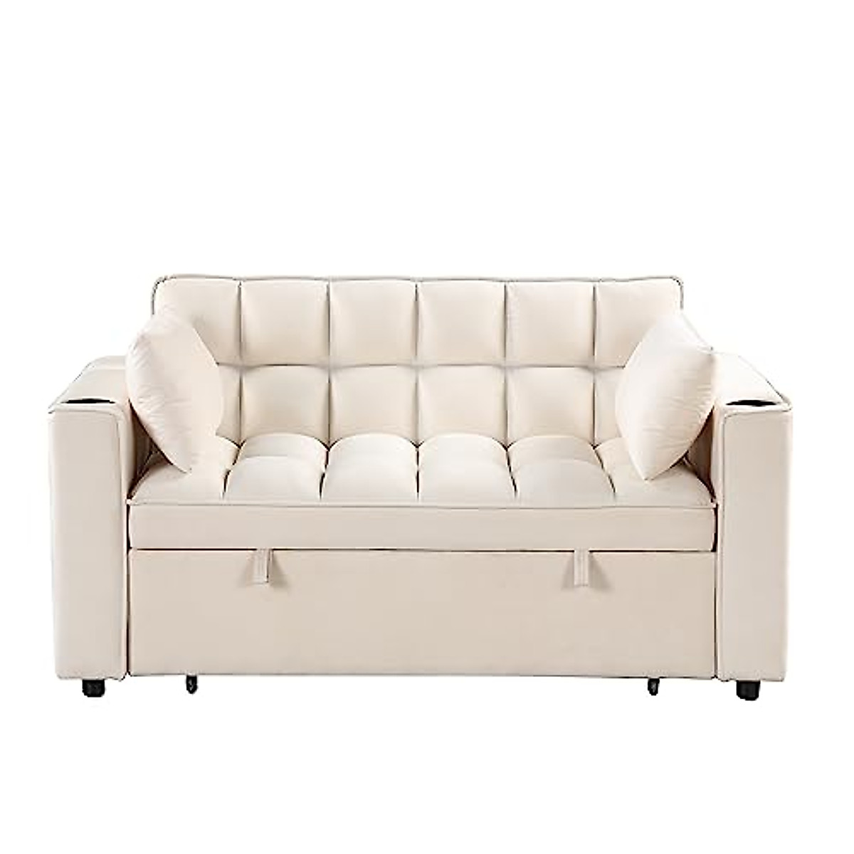 4-in-1 Multi-Functional Convertible Sofa Bed w/Cup Holder and USB Port,Velvet Upholstery Sleeper Couch Pull-Out Sofabed, 55.3'' Loveseat Chaise Lounge with Pillows for Living Room,Small Place