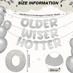 Fulmoon Set of 3 Pre Strung Older Wiser Hotter Glitter Banner Funny Birthday Banner for Women 30th 40th 50th 60th 70th 80th Birthday Party Decorations Sign Gift(Silver)
