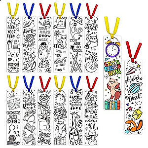 60 PCS Color Your Own Bookmarks for Kids Students Double-Sided Coloring Bookmarks for Kids 12 Designs Cartoon Animals Coloring Paper Bookmarks with Hanging Ropes