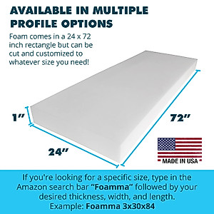 Foamma 1" x 24" x 72" High Density Upholstery Foam, Replacement Couch Cushion Foam, High Density Foam Cushion, Couch Foam, Couch Filler Stuffing, Chair Foam, Upholstery Foam for Couch Cushions