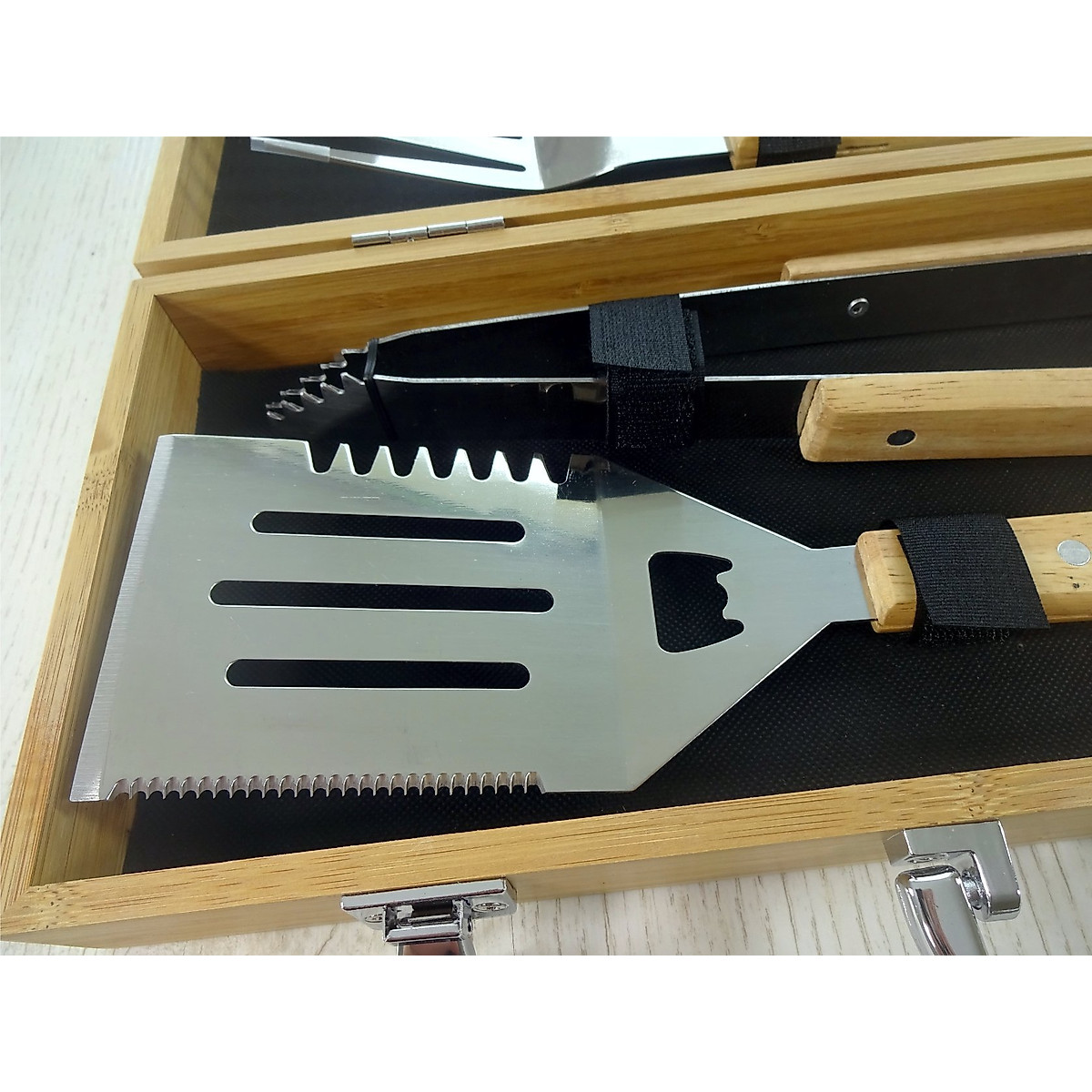 BBQ SET 5 tools | Custom engraved/personalized grilling set with 5 useful Barbeque grilling tools | Barbecue Utensils Gifts for Men & Women | In natural bamboo case | Grill Utensils Set for Dad