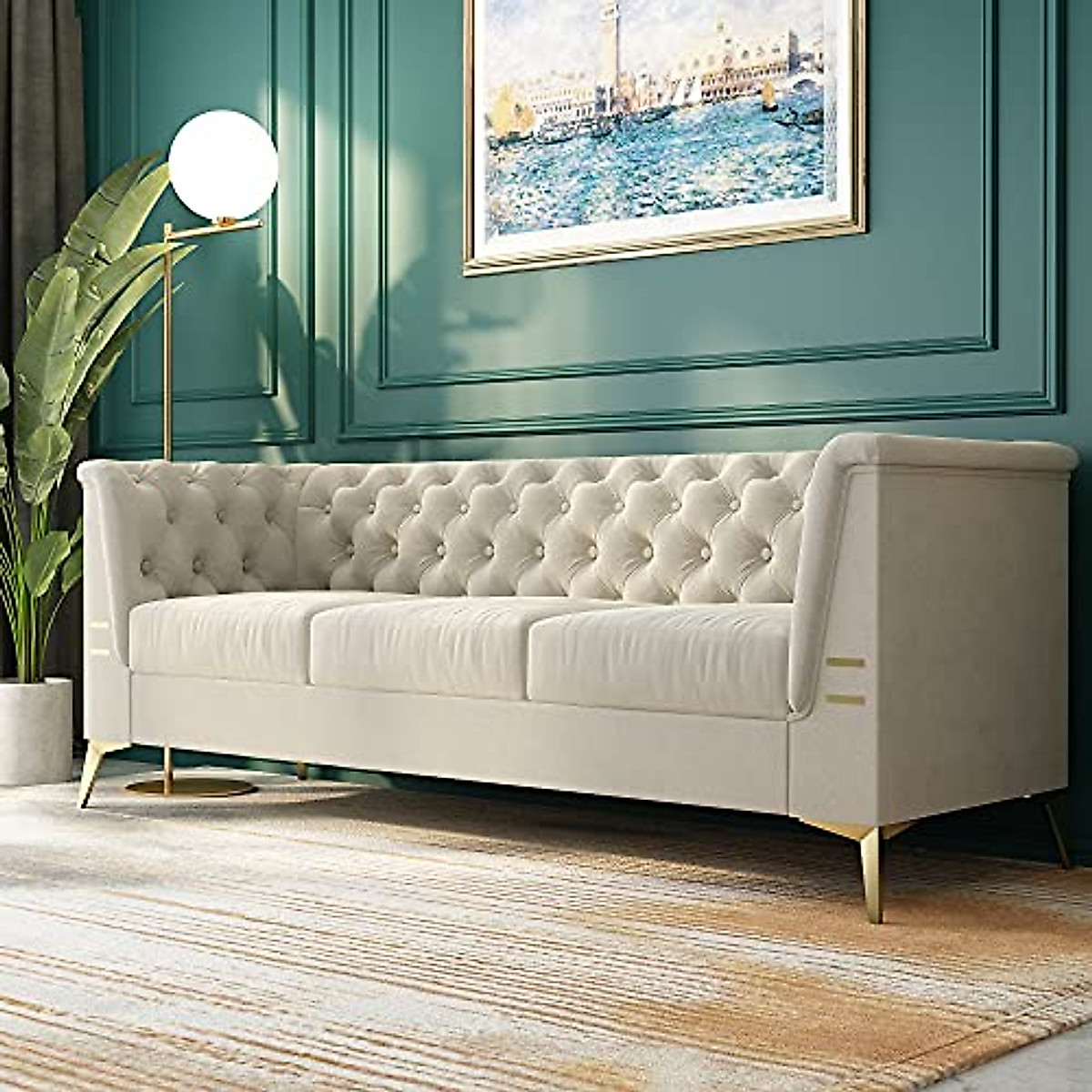 ANTTYBALE 82" Mid Century Modern Sofa for Living Room Velvet Couch Chesterfield Sofa with Gold Legs for Bedroom Office (Beige)