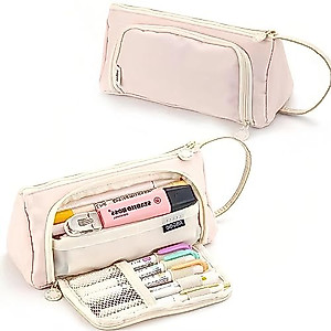 Big Capacity Pencil Case Multiple Compartments Large Pencil Pouch with Opening Front Flap Pen Bag Box Organizer Storage Aesthetic Stationery Cosmetic for Women Office Essentials (Pink)