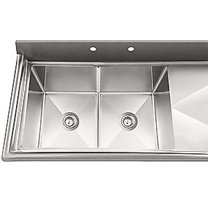 KoolMore 63 in. 18-Gauge 2-Compartment Commercial Sink with Backsplash and 24 in. Right Drainboard, Bowl dimensions 18"x24"x14" in Stainless-Steel (KM-SB182414-24R3)