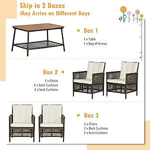 Tangkula 5 Piece Patio Furniture Set, Patiojoy Outdoor PE Wicker Sectional Sofa Set with 2-Tier Coffee Table, Acacia Wood Tabletop, Storage Shelf, Patio Conversation Set with Cushions (1, Off White)