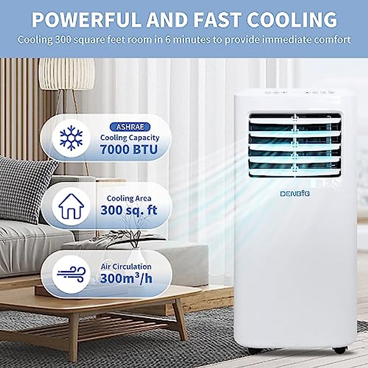 7,000 BTU Portable Air Conditioner, 3-in-1 Portable AC with Cooling/Dehumidifier/Fan/Sleep Modes for Rooms Up to 300 Sq. Ft, with 24-Hour Timer & Remote Control & Window Mount Kit