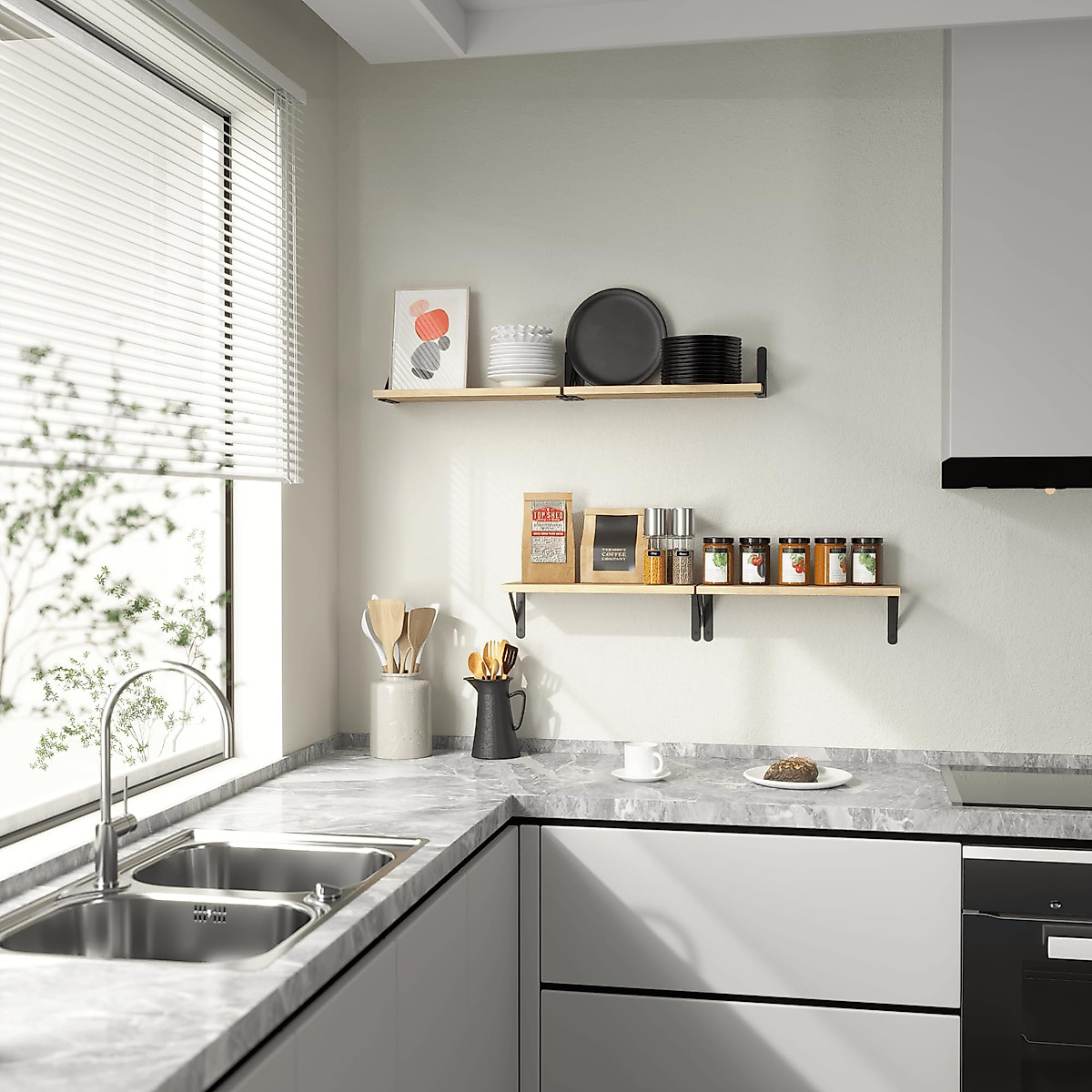 ThriftyZ Rustic Floating Shelves for Wall, Farmhouse Wood Shelf for Wall Decor, Wall Mounted Room Shelves Sets of 4, Hanging Wall Storage for Bathroom, Bedroom, Livinging Room - Rustic Wood