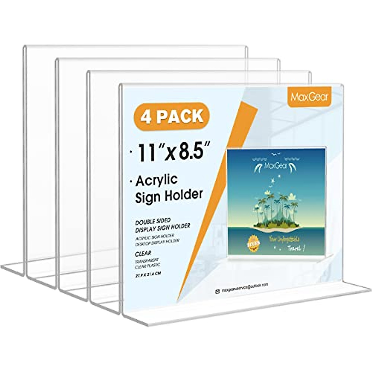 MaxGear Acrylic Sign Holder 8.5 x 11 inches 4 Pack, Horizontal Plastic Display Stand, Clear Table Top Flyer Paper Holders, Menu Ad Frames for Office, Store, Restaurant, Home - Landscape