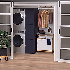 ClosetMaid Bamboo Laundry Hamper Cart with Ironing Board Folding Station, Dual Compartments with Divider, Portable Laundry Sorter, Natural Finish