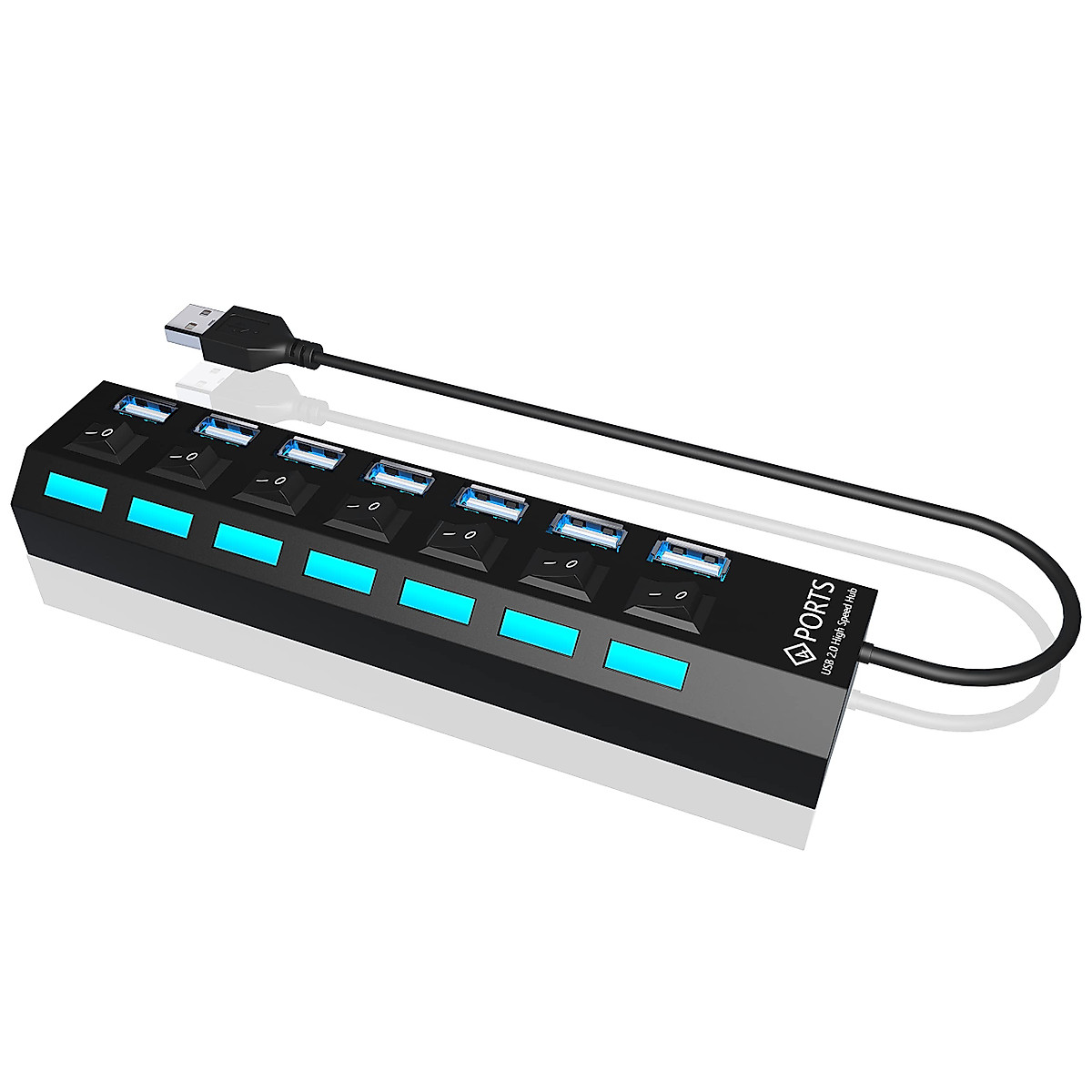 MIUOLV 7-Port USB 2.0 Hub with LED Light Power Switches, USB Splitter for Laptop, PS4 Keyboard and Mouse Adapter for Dell, Asus, HP, MacBook Air, Surface Pro, Acer, Xbox (Black)
