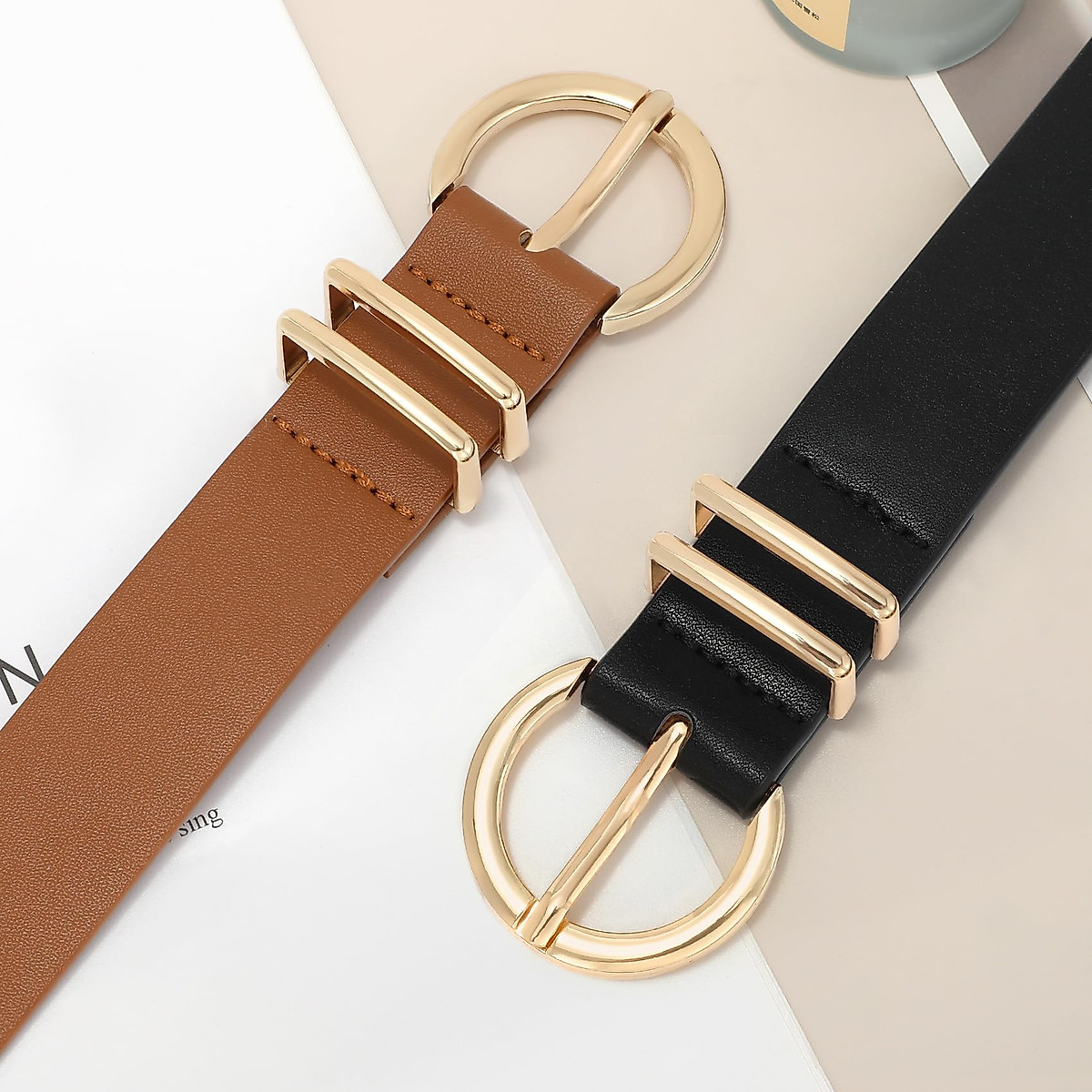 XZQTIVE 2 Pack Womens Leather Belts for Jeans Dress Pants Fashion Plus Size Ladies Black Waist Belt with Gold Buckle