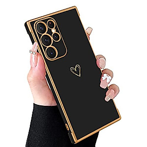 MZELQ Compatible with Samsung Galaxy S22 Ultra Case for Women Cute Luxury Gold Heart Pattern Design, Full Camera Protection & Soft TPU Shockproof Protective Plating Edge Phone Case 6.9 inch 2022 Black