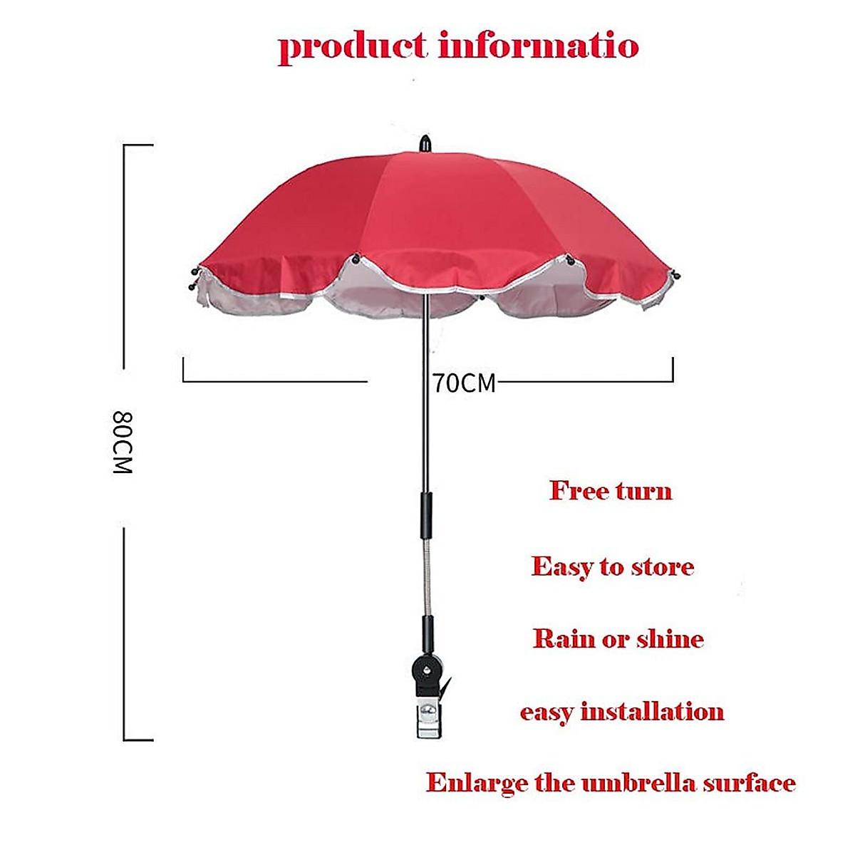 Baby Stroller Parasol, Clamp-On Shade Umbrella, with Umbrella Clip Fixing Device, 360 Degree Adjustable UV Protection, 79cm/31.1in Long, Suitable for Beach Chairs, Baby Strollers (Black)