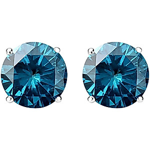 Houston Diamond District 1 Carat Total Weight Blue Solitaire Stud Earrings Pair 14K White Gold Popular Premium Collection 4 Prong Screw Back