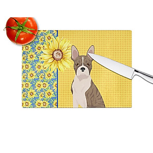 Caroline's Treasures WDK5337LCB Summer Sunflowers Brindle Boston Terrier Glass Cutting Board Large Decorative Tempered Glass Kitchen Cutting and Serving Board Large Size Chopping Board